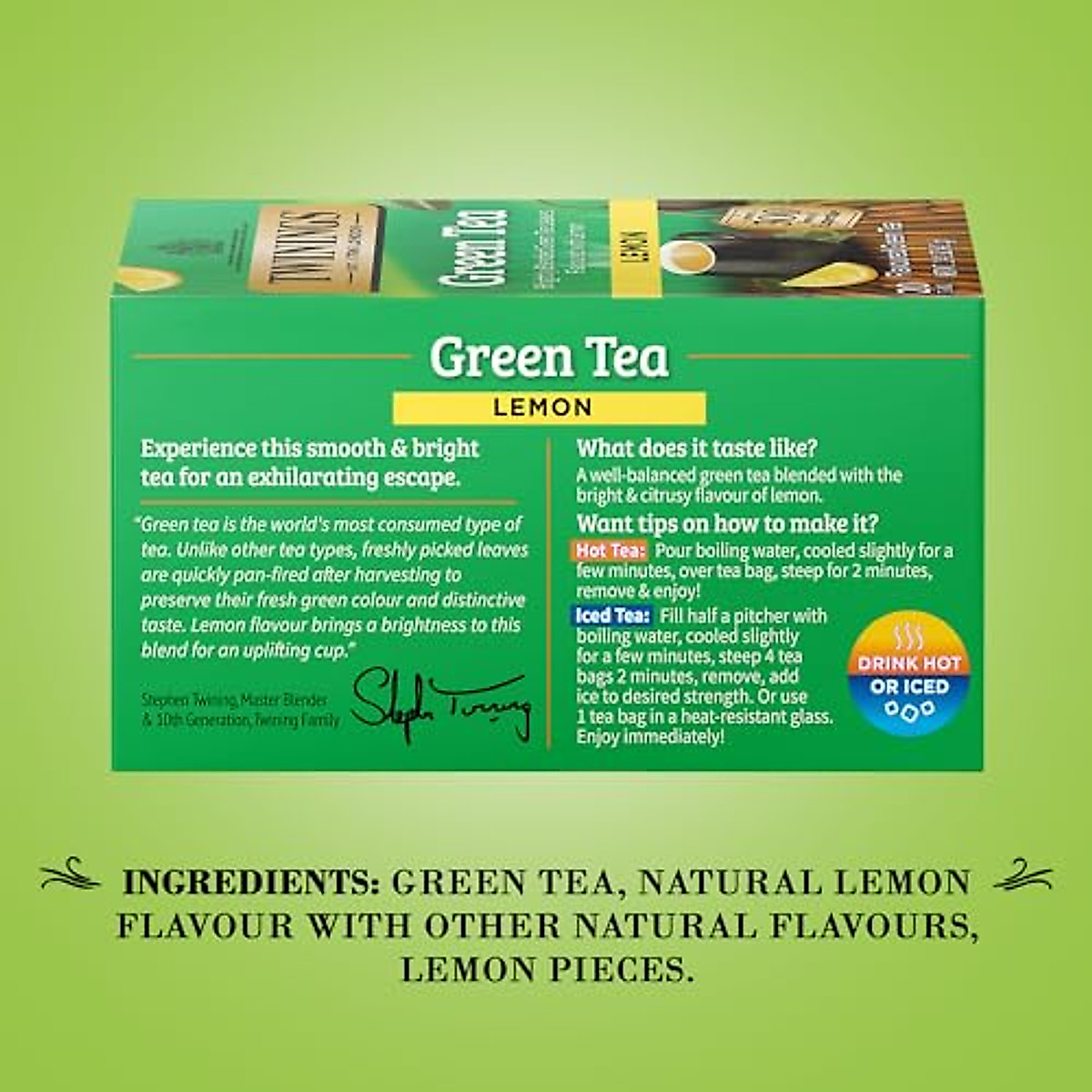Twinings Green Tea with Lemon - Flavorful Green Tea with Lemon Pieces, Caffeinated Tea Bags Individually Wrapped, 20 Count