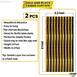 KatchOn, XtraLarge Black and Gold Streamers - 3.2x8 Feet, Pack of 2 | Happy New Year Backdrop for Happy New Year Decorations 2025 | Black and Gold Fringe Curtain for Black and Gold Party Decorations