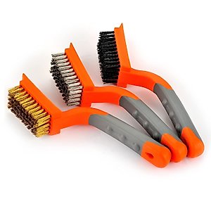 MAXMAN Wire Brush 3Pcs Brass/Stainless Steel/Nylon Wire Brushes for Cleaning Rust Bristle Brush Set with Rubber Curved Handle Grip Used for Dirt, Paint Remover (Orange+ Gray)