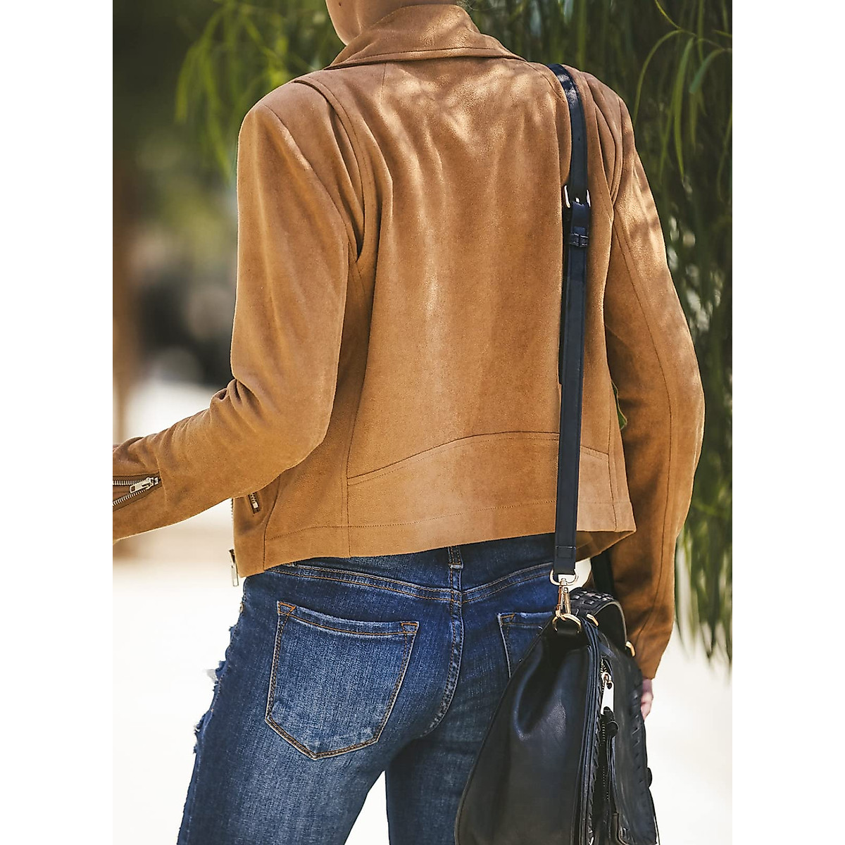 EVALESS Women's Trendy Stand Collar Faux Suede Jackets Moto Jacket Coat Brown L (MNGW85294-17-L)