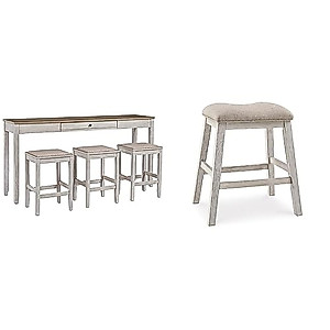 Signature Design by Ashley Skempton 4 Piece Counter Height Dining Set, Includes Table and 3 Barstools, Whitewash & Skempton Modern 24" Counter Height Upholstered Barstool, 2 Count, Whitewash