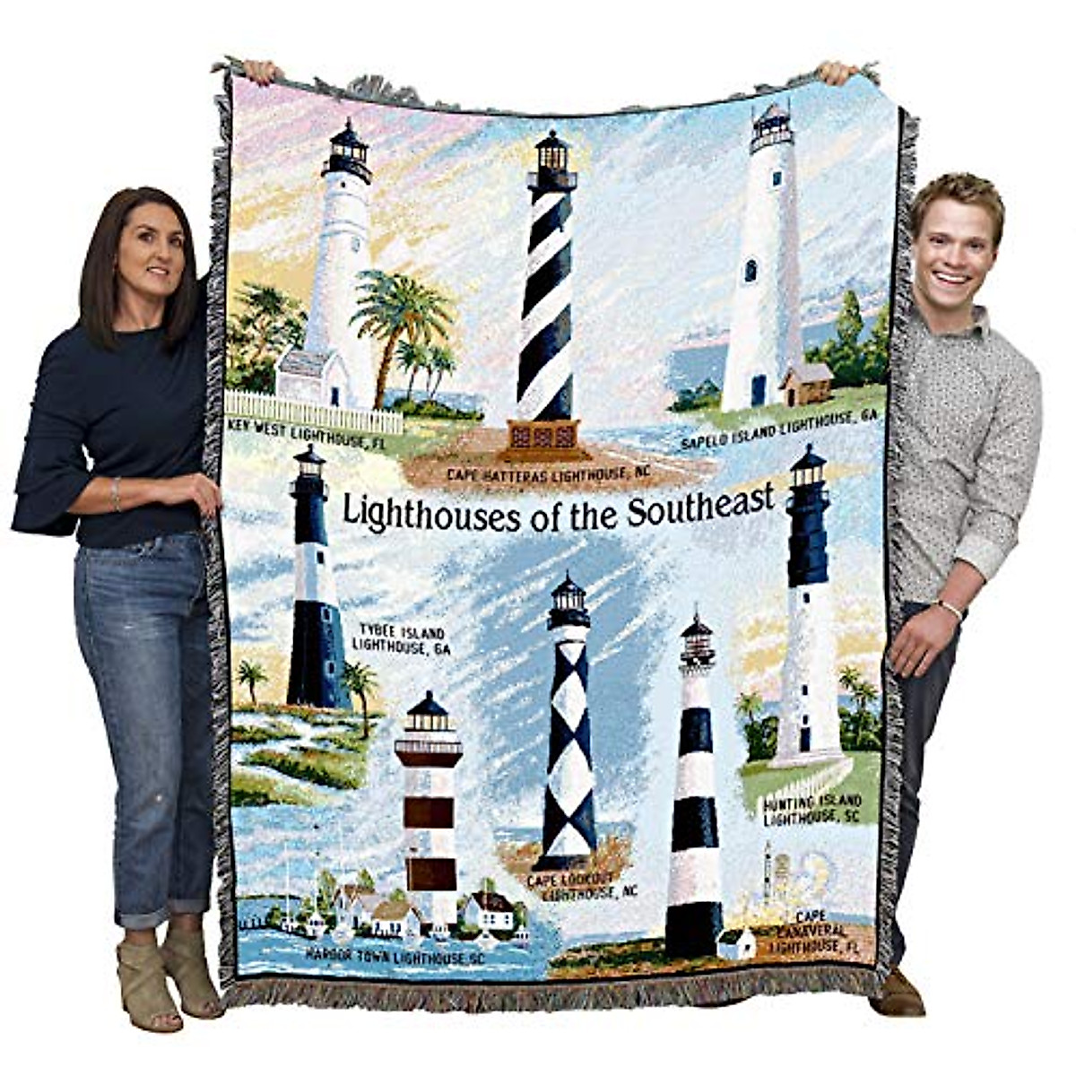Lighthouses of the Southeast Blanket - Key West Cape Hatteras Sapelo Tybee Harbor Lookout Canaveral Hunting Island - Coastal Ocean Gift Tapestry Throw Woven from Cotton - Made in the USA (72x54)