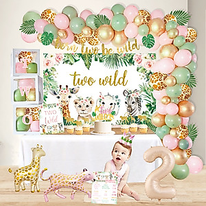 YSHMFEUX Two Wild Birthday Decorations Girl, Jungle Theme 2nd Birthday Party Supplies for Girls, Jungle Safari Animal 2nd Birthday Decorations for Girl, Second Birthday Decorations Girl