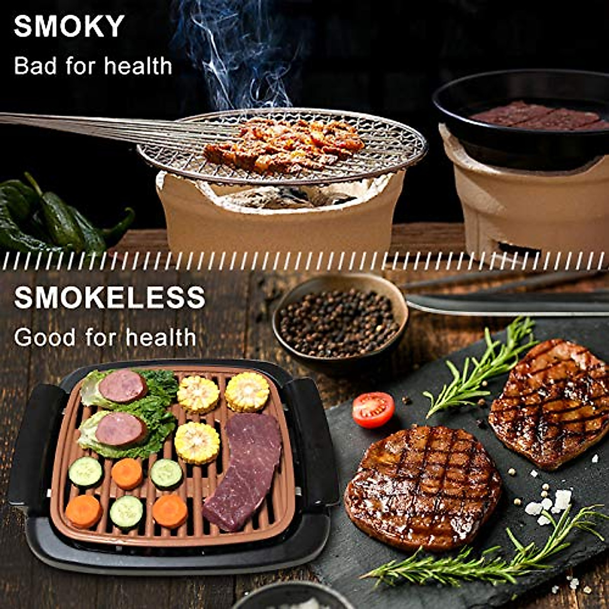 Nonstick Electric Indoor Smokeless Grill - Portable BBQ Grills with Recipes, Fast Heating, Adjustable Thermostat, Easy to Clean, 21" X 11" Tabletop Square Grill with Oil Drip Pan, Black