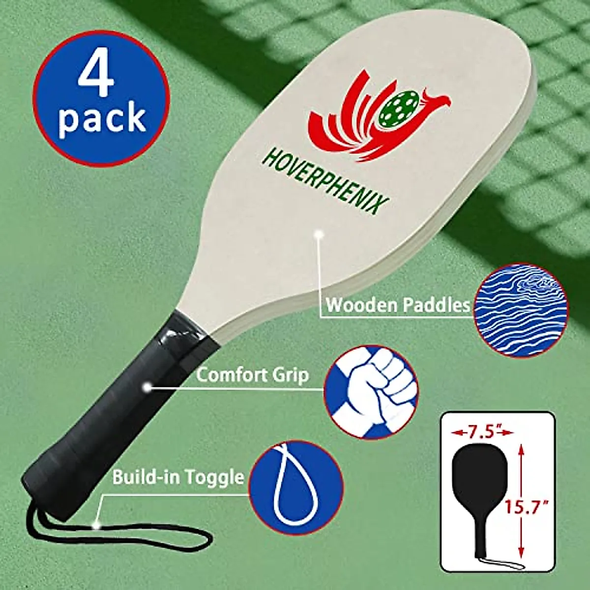 Hoverphenix Pickleball Set with Net for Driveway, Portable Regulation Size Pickleball Net System with Paddle Set of 4, Outdoor Pickleballs, Carry Bag, Weather Resistant Metal Frame