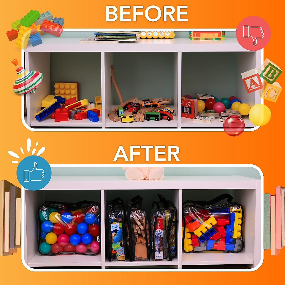 BEEBIJI Kids Toy Storage Organizer Set of 5 – 12" x 9.5" Durable PVC Storage Bag Organizer for Building Blocks, Toys – Toy Organizers and Storage Clear Storage Bags with Removable Name Tags