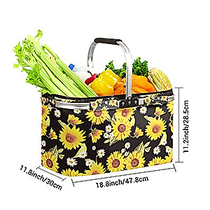 Yellow Sunflower Flower Collapsible Market Basket, Summer Daisy Floral Leakproof Folding Collapsible Portable Picnic Basket Strong Aluminum Frame for Travel, Shopping, Camping & Lake Trips