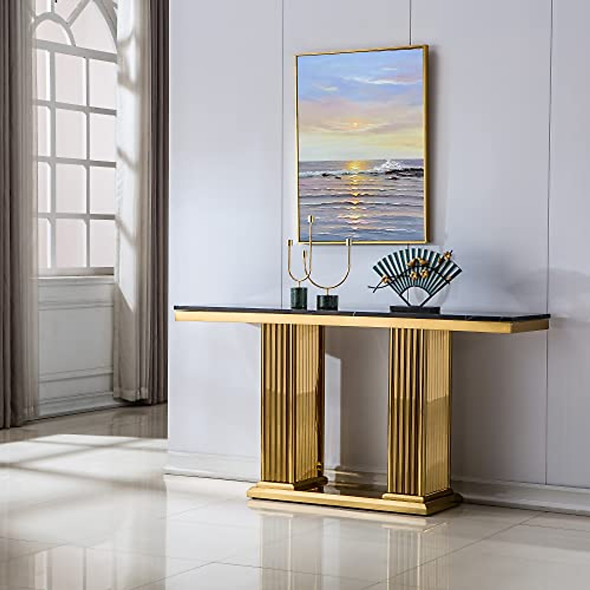 SSLine Real Marble Console Table,Modern Rectangular Luxury Marble Entryway Sofa Table Accent Table with 0.71" Thick Marble Top and Golden Double Pedestal Pillar Stainless Steel Base for Hallway