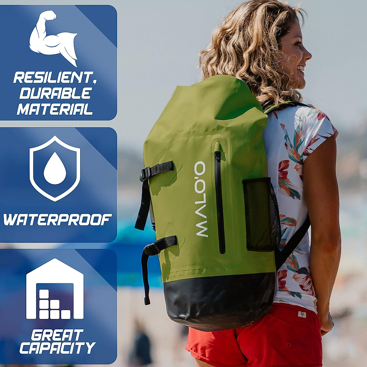 Malo'o 45L Waterproof Heavy Duty Backpack Dry Bags for Kayaking, Camping, Fishing, Hiking Daypack - Beach Accessories, Boat accessories, and Travel Gear - Fishing Rod Case Straps