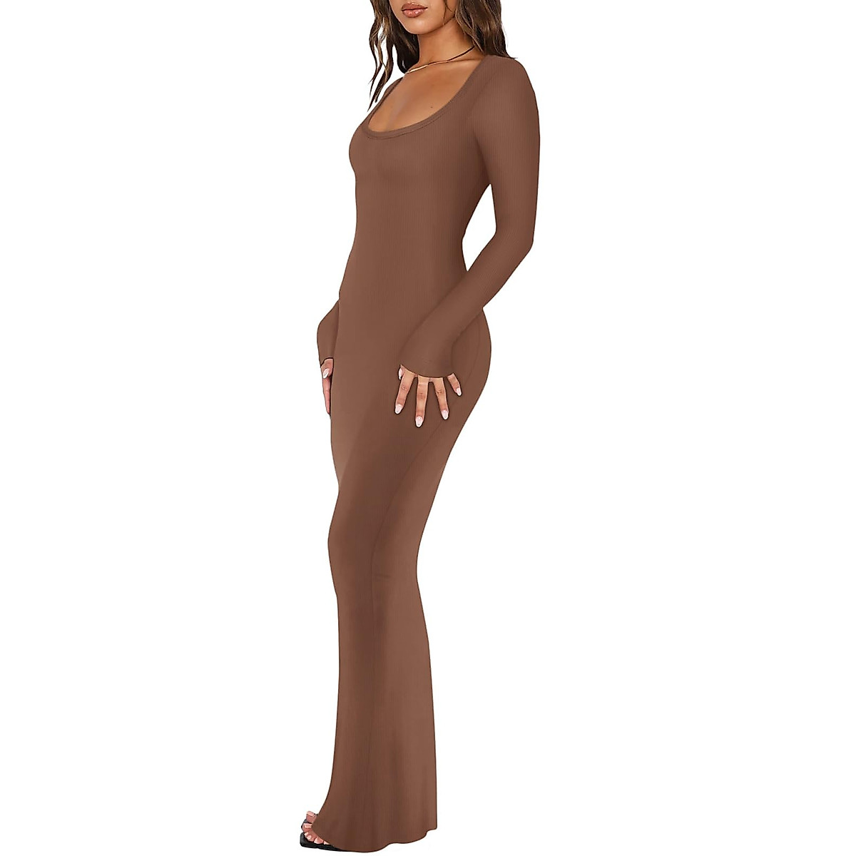 REORIA Womens Sexy Casual Scoop Square Neck Long Sleeve Soft Lounge Long Dress Fall Wedding Guest Elegant Ribbed Bodycon Maxi Dresses Coffee X-Small