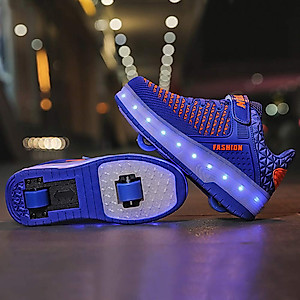 Qneic Kids Roller Shoes USB Charging Double Wheels Skate Shoes for Boys Girls Sneakers Outdoor Sports Shoes LED Lights up Skates Size 3.5 Blue