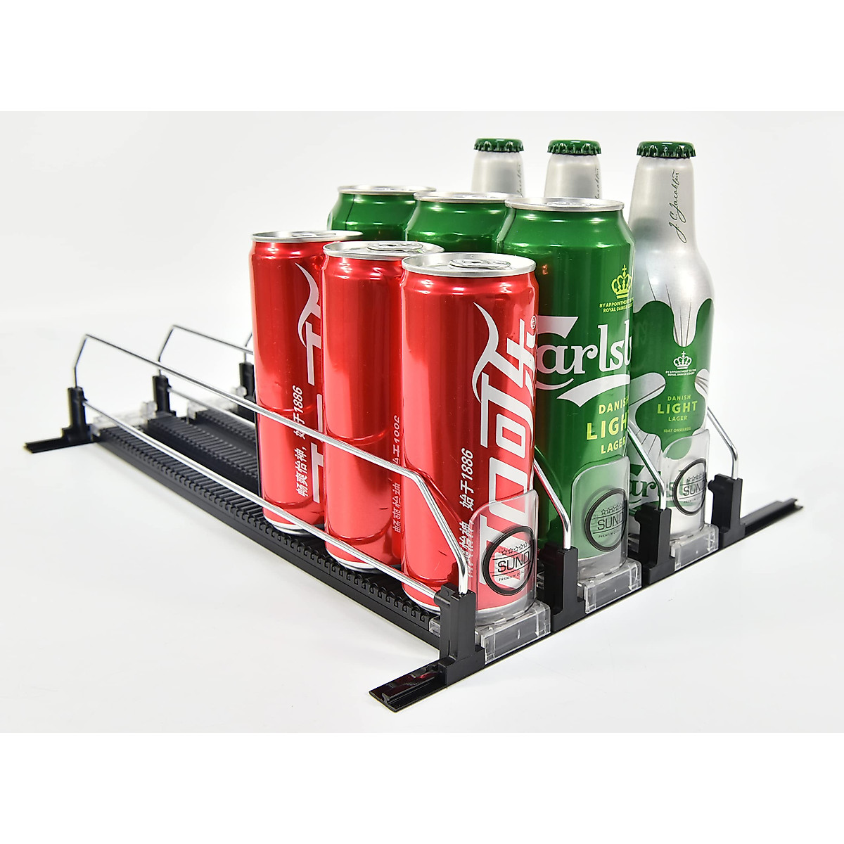 Drinks Organizer for Fridge - Refrigerator Bottle Can Organizer - Glide Pusher Home Refrigerator - Can Dispenser - Beverage Adjustable Organizer (3 Wide) SUND