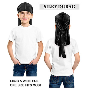 2 Pieces Velvet Baby Durags Kids Durag Caps 360 Wave Wide Strap Headwraps Long Tail Turban Beanies for Boys Girls (Black, Royal Blue)