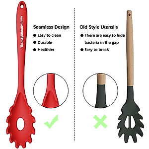 Silicone Cooking Spoons, Heat Resistant Large Silicone Pasta Slotted Spoon Solid Basting Spoon set for Nonstick Cookware, BPA Free Black Kitchen Silicone Spoons set for Mixing, Serving, Draining Red