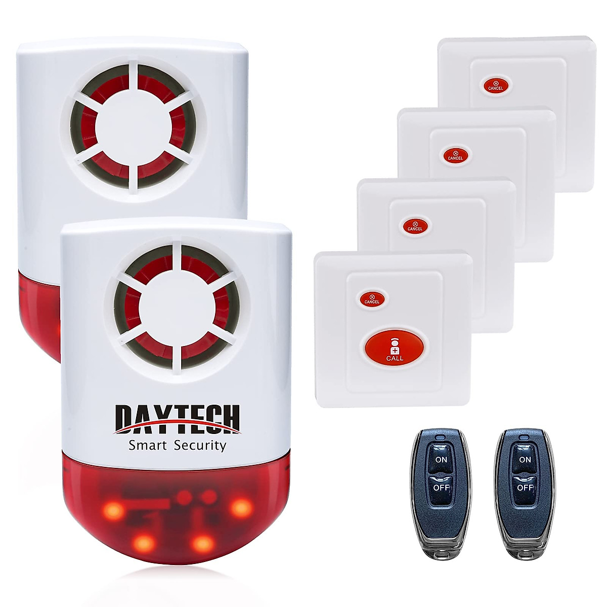 Daytech Strobe Siren Alarm Home Caring Loud Outdoor SOS Alert System 2 Red Flashing Siren 2 Remotes Panic Button 4 Emergency Button for Store Home Hotel Jewelry Shop Security Alarm