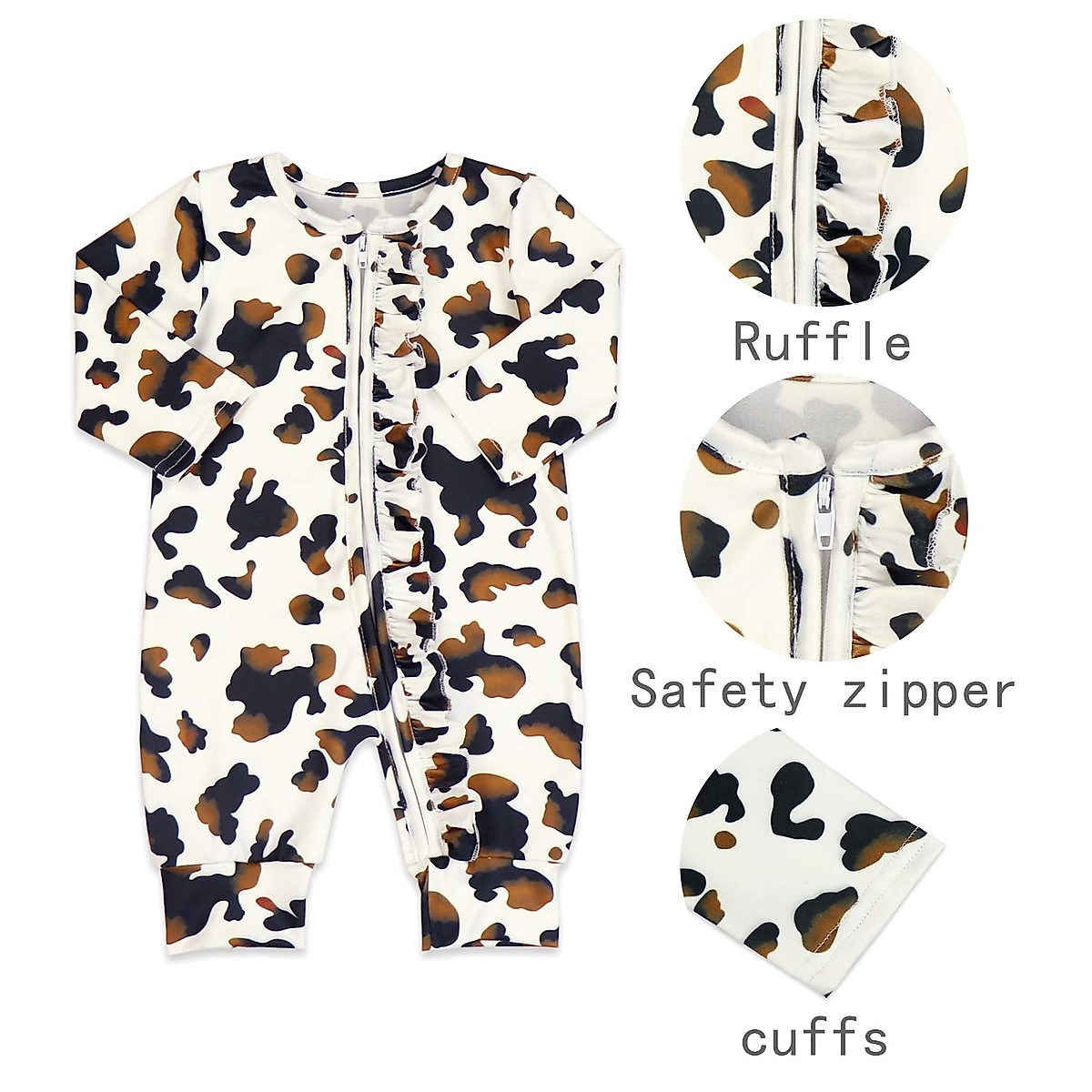 Newborn Baby Romper Clothes One Piece Toddler Unisex Creepers Romper ,Infant Tie Dye Print Zipper Front Kids Jumpsuit Rompers Clothes (Coffee Cow Print, 0～3Months)
