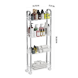 TESOIN Under Sink Organizers and Storage，4 Tier Clear Movable Slim Rolling Storage Cart Bathroom Organizer Under Cabinet Storage, Slide Out Narrow Shelf Organization for Kitchen Bathroom Warehouse