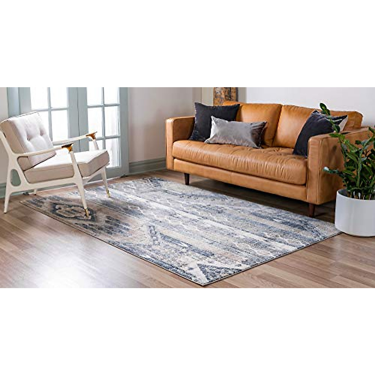 Unique Loom Portland Collection Southwestern Inspired Striped Tone Area Rug, 8 ft x 10 ft, Navy Blue/Tan