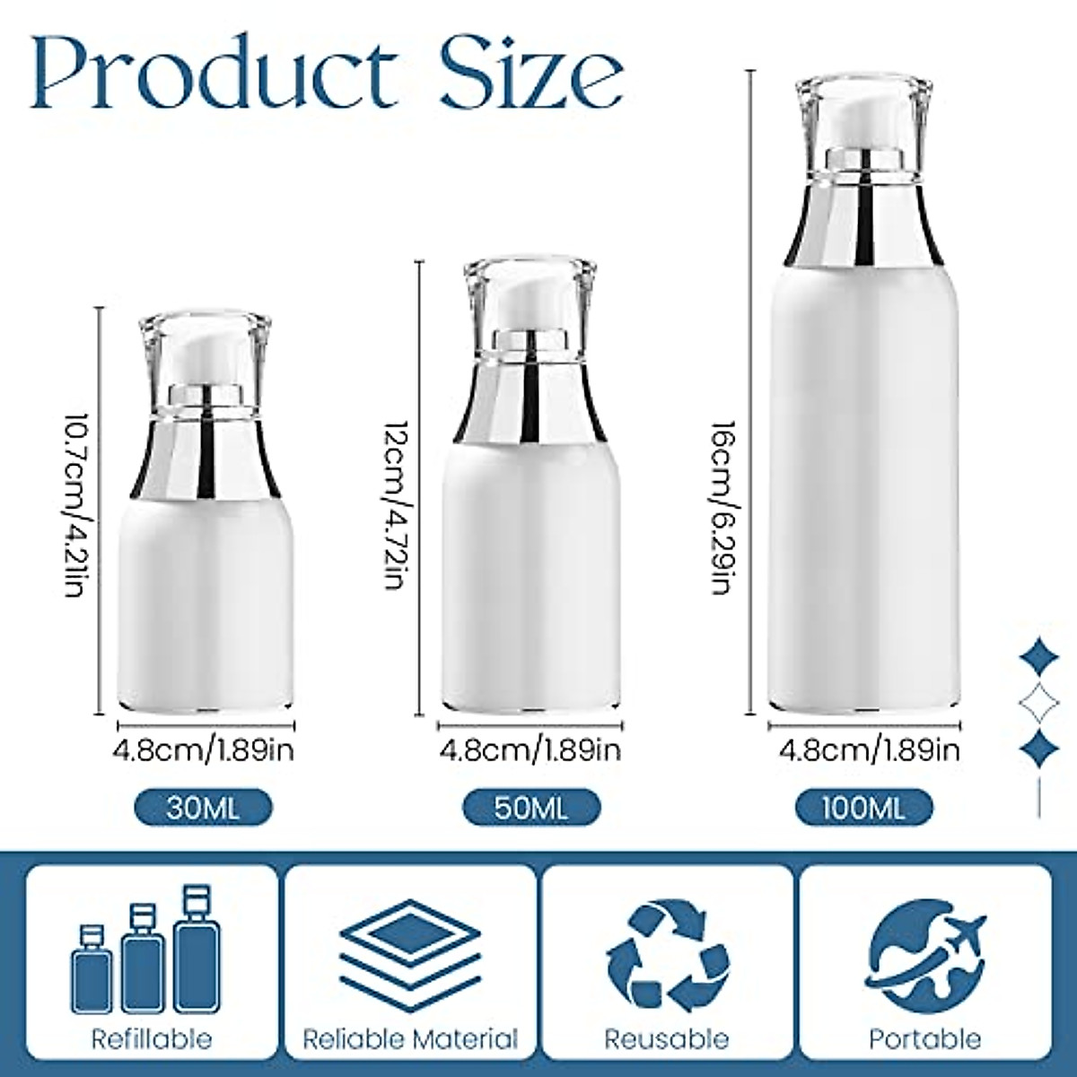 EOPER Airless Pump Jars 100ML, 3 Pieces Empty Refillable Cosmetic Air Pump Jars Bottles Airless Lotion Cream Sample Containers Makeup Vials Accessories Leak-Proof DIY Travel, Pearly White