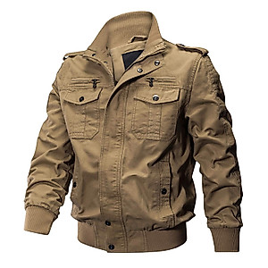 CRYSULLY Men's Bomber Jacket with Patches Cargo Cotton Utility Full Zip Military Jacket Khaki