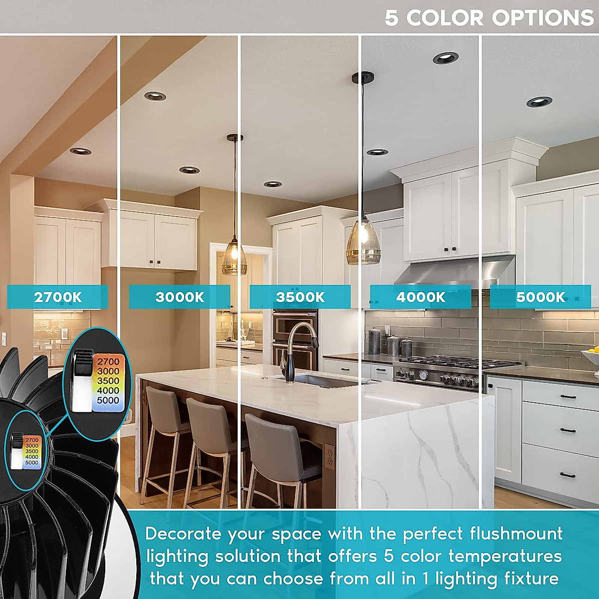 LUXRITE 4 Inch LED Recessed Lighting with Junction Box, 18W, CRI 90, 5 Color Selectable 2700K-5000K, 1500 Lumens, Regressed LED Downlight, 40° Beam, Dimmable, Wet Rated, IC Rated - Black (4 Pack)