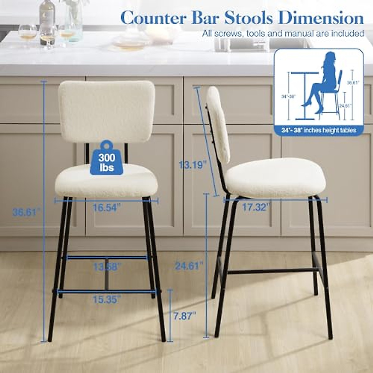 Barstools Set of 2 Counter Height Bar Stools : Modern White Upholstered Boucle Fabric Bar Stool for Kitchen Bistro Pub Armless Bar Chair with Metal Base for Dining Room Counter Island