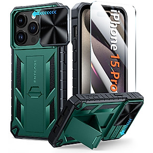 FNTCASE for iPhone 15 Pro Case: Military Grade Drop & Shock Protection Cell Phone Cover with Kickstand & Slide | Rugged Protective Bumper Textured | Heavy Duty Protector(Green)