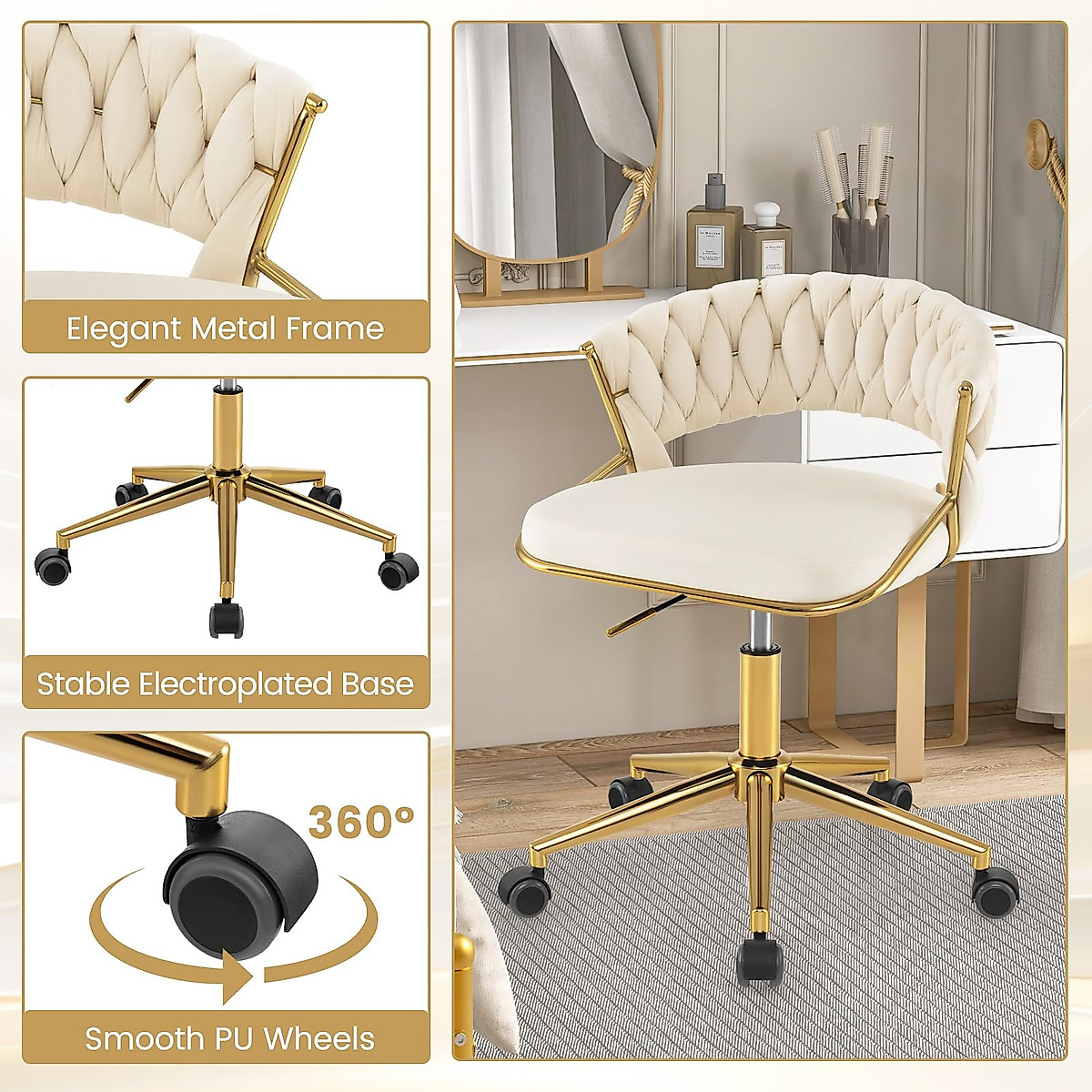 COSTWAY Velvet Office Desk Chair, Upholstered Makeup Vanity Chair w/Woven Back & Gold Base, Height Adjustable Swivel Computer Task Chair, Home Office Chair w/Wheels for Bedroom Study (Beige)