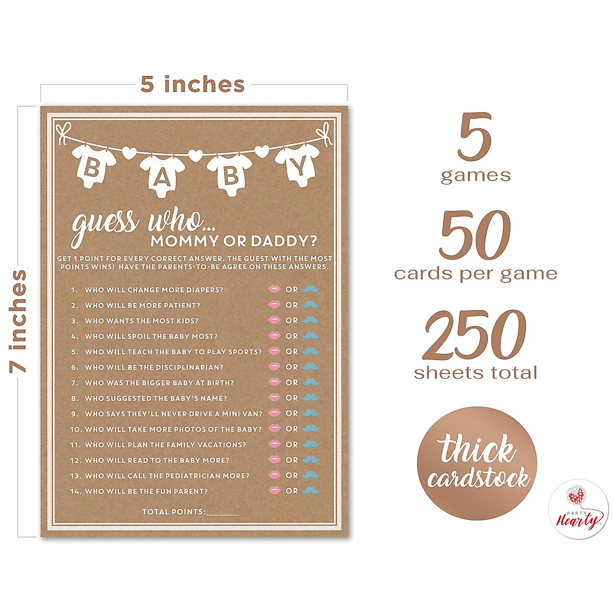 Party Hearty Baby Shower Games for Girl or Boy, 250 pcs 5 Games Activities Cards, Funny Baby Shower Games, Gender Neutral, Baby Shower Ideas