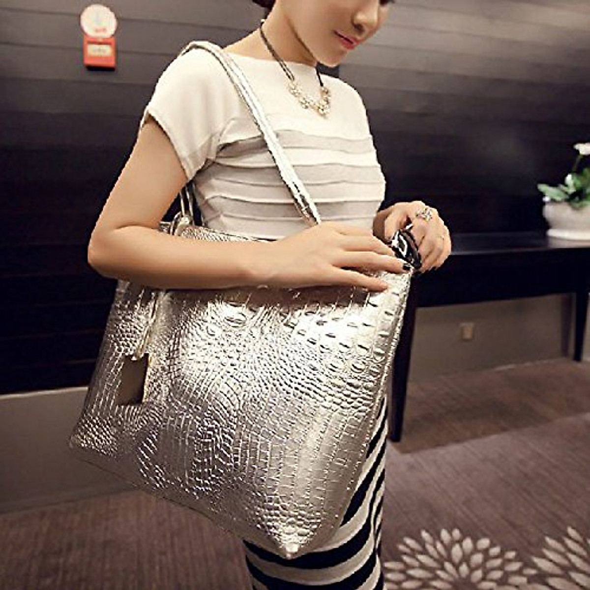 Cyber Sale Monday Deals Womens Crocodile Large Tote Handbag Purse Shoulder Bag