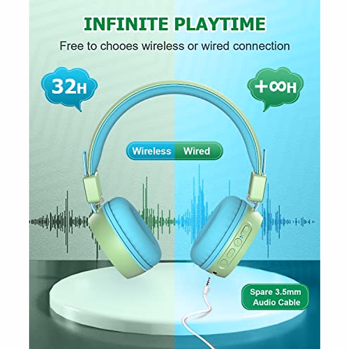 Link Dream Kids Wireless Headphones V5.0 Bluetooth Kids Headphones w/Mic 32H Playtime Soft Padded Stereo Childrens Headphones for Boys Girls School iPad Tablet Cellphons Laptop, Matcha Green