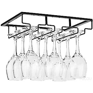 FOLOU Wine Glass Rack Under Cabinet Mount, Upside Down Stemware Holder for Wire Shelves, Glasses Storage Hanger Metal Organizer Bars, Kitchen, Restaurants, Farmhouse(3 ROWS BLACK), 11.8 x 9 x 2.7