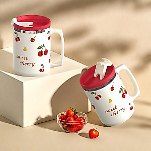 Maiyuansu Cherry Print Stainless Steel Tumbler with Handle Insulated Coffee Cup with Hadle and Lid Portable Travel Mug Water Bottle Double Wall Insulation