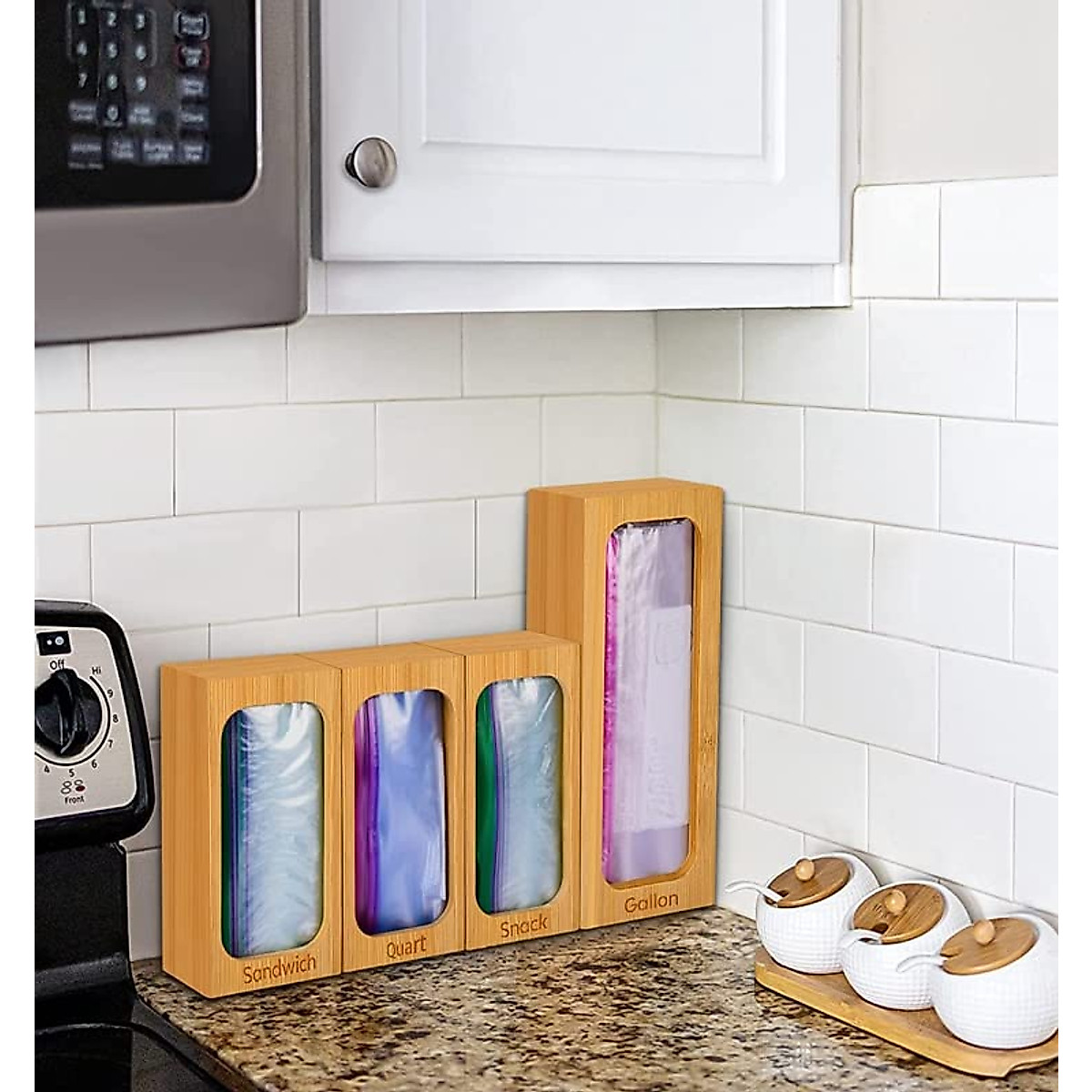 Premium Thick Solid Bamboo Storage Bag Organizer, Organizadores De Cocina, Food Baggie Dispenser for Kitchen Drawer Compatible with Most Brand (4 Piece Set)