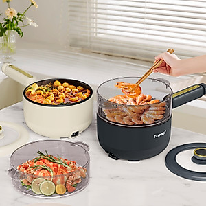 TOPWIT Hot Pot Electric with Steamer, 2L Multifunctional Electric Pot, Non-Stick Fring Pan, Portable Pot for Steak, Fried Rice, Ramen, Soup with Dual Power Control (Silicone Spatula Included), Grey