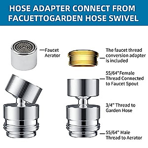 Hibbent Garden Hose to Faucet Adapter, Sink Garden Hose Attachment Connection for Sink kitchen Sink Garden Hose Adapter Connector 360-degree Swivel 55/64 inch Female Thread- Chrome Finished