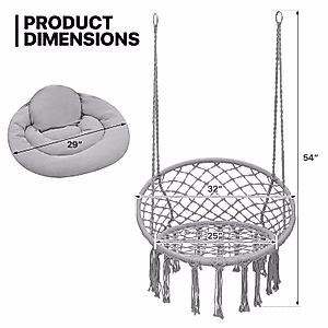 Monibloom Hanging Hammock Chair with Full Cushion, Adults Indoor Hammock Swing with Max 350 Lbs Capacity, Outdoor Macrame Hanging Chair with Boho Tassels, Home Accent Furniture Chair Swing, Grey