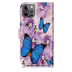 JanCalm Compatible with iPhone 12 Wallet Case/iPhone 12 Pro Wallet Case, Floral Pattern PU Leather [Wrist Strap][Card/Cash Slots] Stand Flip Cover for iPhone 12/12 Pro 6.1 inch (Butterfly/Purple)