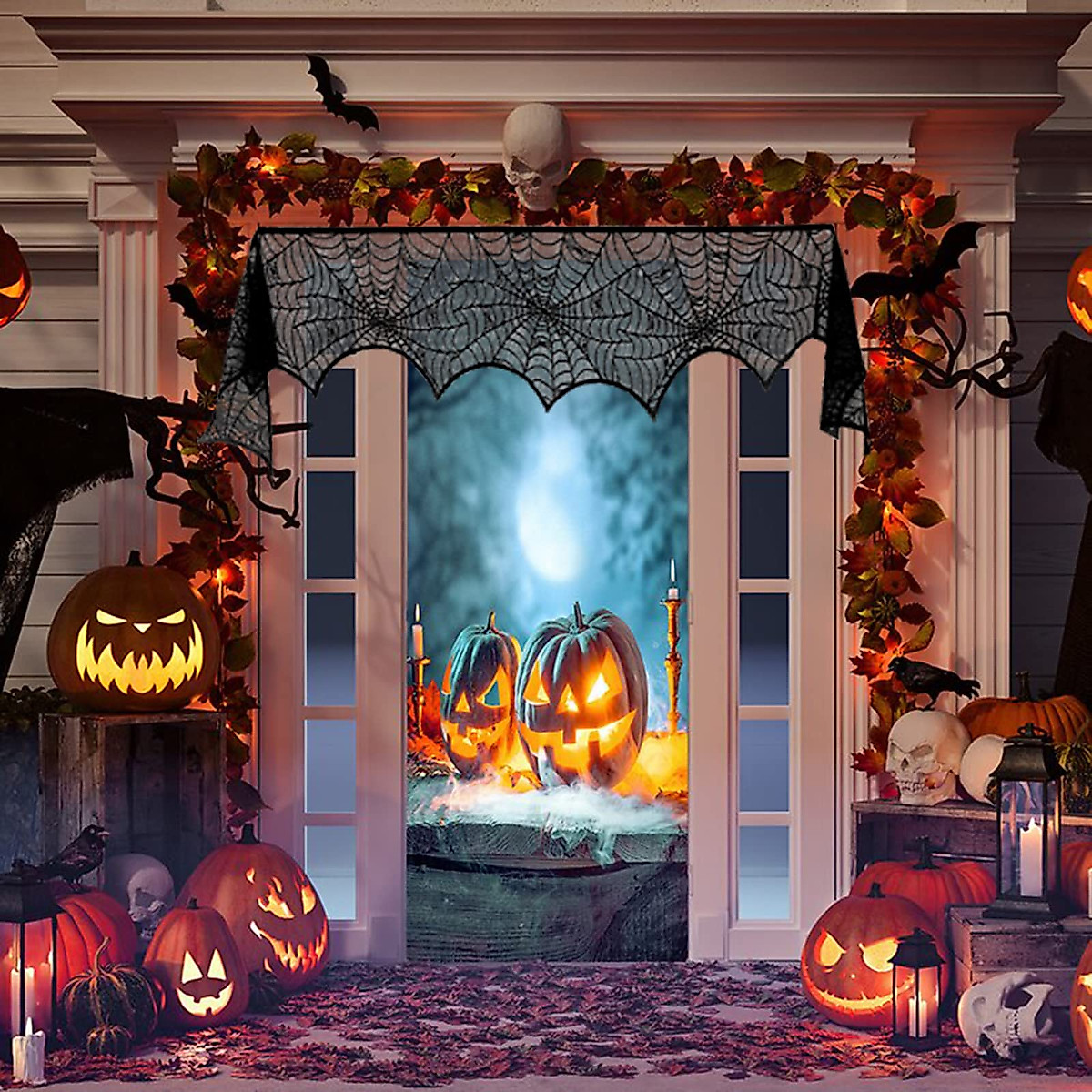 Comtraker Halloween Fireplace Mantle Decorations, Black Lace Spiderweb Fireplace Mantel Scarf Cover Garland for Festive Party Supplies Decor 18 x 98 inch (Black)