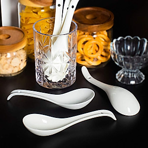 Artena 6oz Turquoise Solid Ceramic Chips and Dip Serving Platter with Acacia Wooden Tray & Bright White 6.75 inch Asian Soup Spoons Set of 6