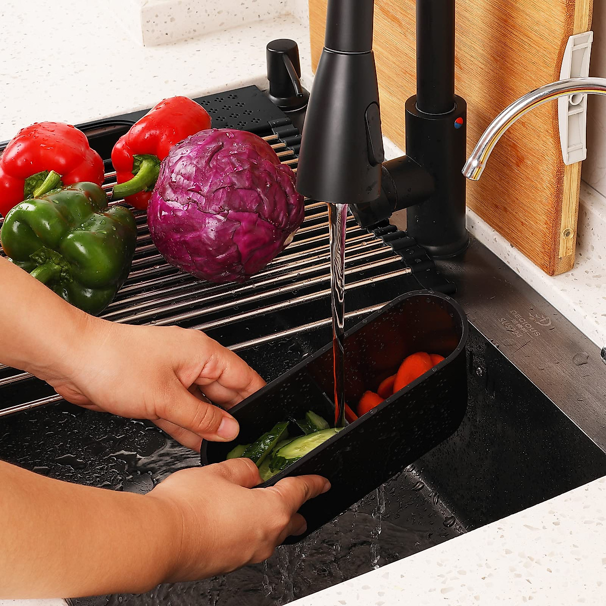 BRAQ Roll Up Dish Drying Rack 17.32" x 14.56" Portable Stainless Steel Sink Rack with 1 Storage Baskets Over The Sink Dish Drying Rack for Kitchen Dishes Cups