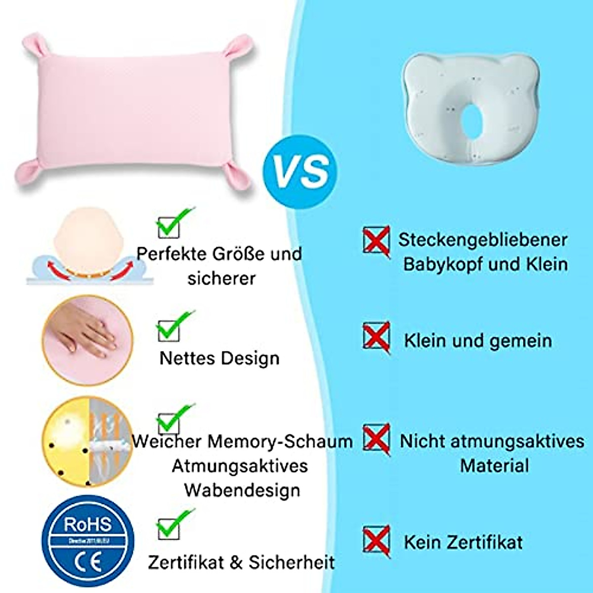 Breathable Children Pillow with Soothering Bunny Ears Memory Foam Kids Sleeping Pillows (Pink Modal)