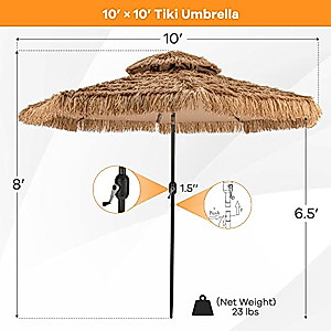 Tangkula 10 ft Thatched Patio Umbrella, 2 Tier Hawaiian Style Grass Beach Umbrella with 32 Led Lights, Center Light, Solar Tiki Umbrella with 8 Ribs, Tilt Adjustment, Manual Crank for Backyard, Poolside, Deck