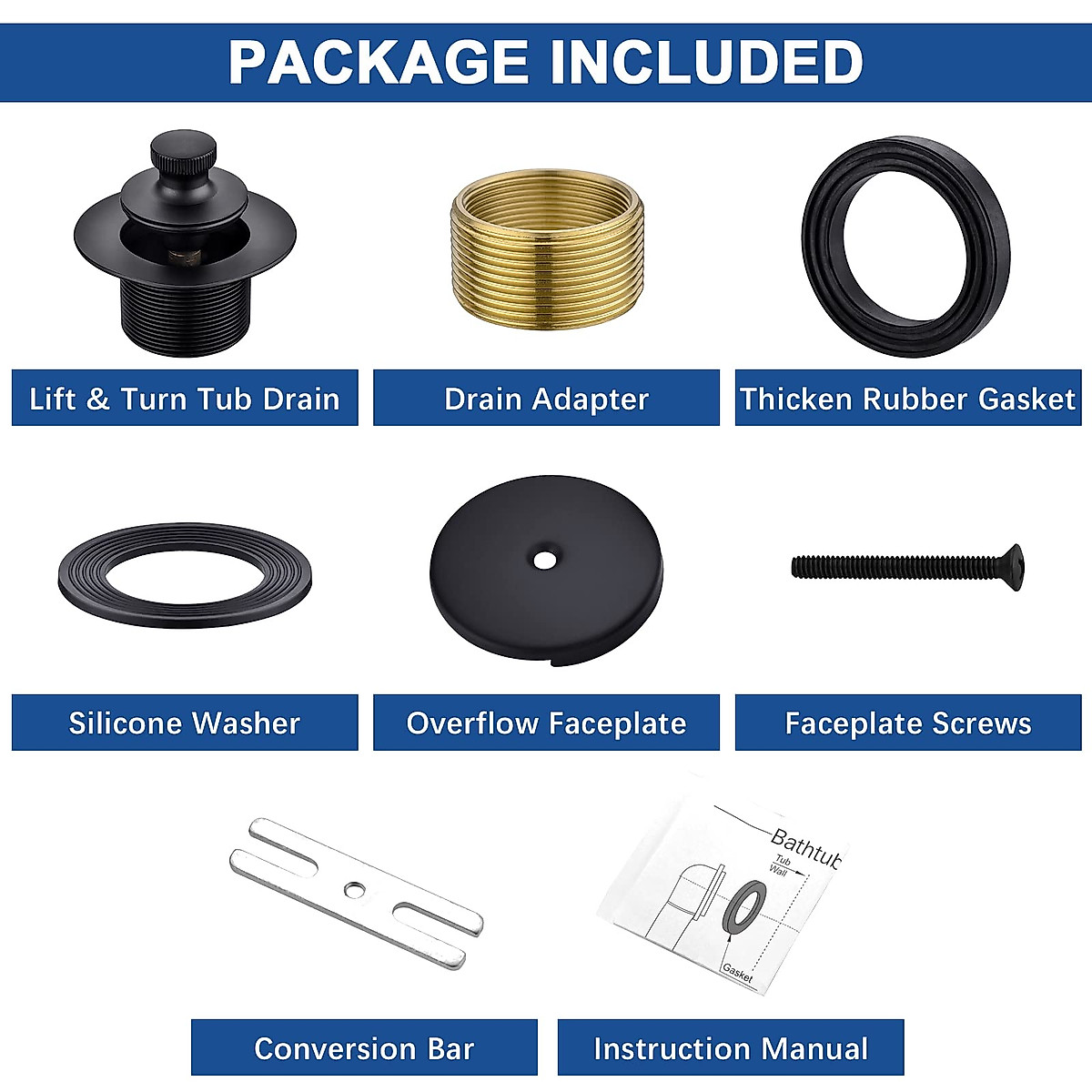 Anpean Brass Bathtub Drain Kit, Lift and Turn Tub Drain Kit with Single Hole Overflow Faceplate, Matte Black