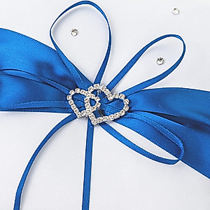 ARKSU Ring Bearer Pillow Cushion 7.8 x7.8 inch with Satin Ribbon 2 Heart Rhinestones for Rustic Bridal Wedding Shower Ceremony-Dark Blue