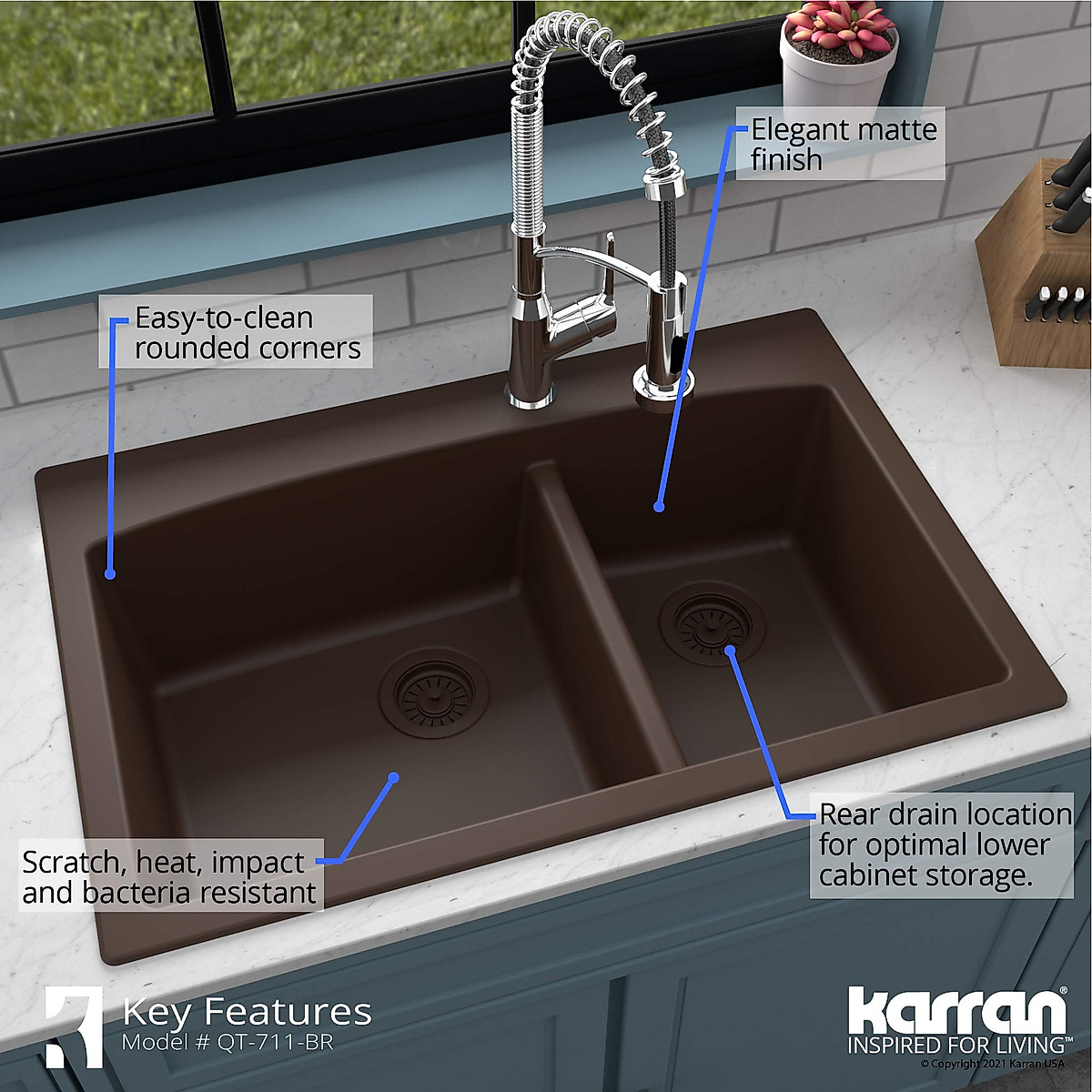 Karran QT-711 Drop-In Quartz Composite 33 in. 1-Hole 60/40 Double Bowl Kitchen Sink Kit in Brown