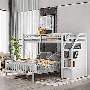 Harper & Bright Designs Twin Over Full Loft Beds, Bunk Beds Twin Over Full with Stairway and Storage, Full-Length Guardrail, No Box Spring Needed (White Twin Over Full Bun Beds)