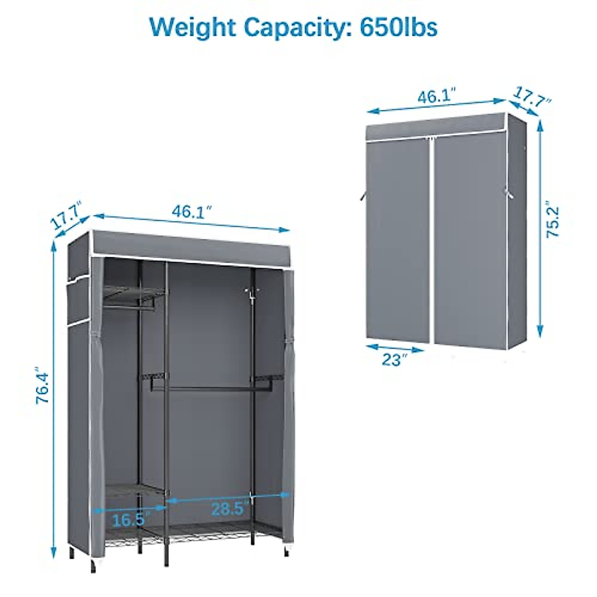 VIPEK V2C Heavy Duty Covered Clothes Rack for Hanging Clothes, Black Metal Clothing Rack with Gray Oxford Fabric Cover, Portable Closet Rack Freestanding Wardrobe Closet, 1 inch Rod, Max Load 650LBS