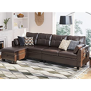 HONBAY Faux Leather Sectional Sofa Couch Reversible L Shaped Couch Sofa 4 Seat Sofa Sectional Couch for Small Apartment