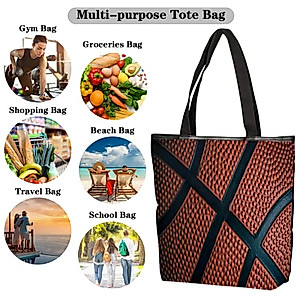 Basketball Ball Print Women's Canvas Tote Bag, Basketball Texture Shoulder Handbag Bags with Zip Large Beach Bag for School Shopping Business Work Travel